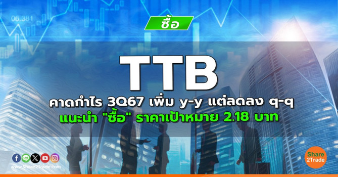 TTB คาดกำไร 3Q67 เพิ่ม y-y แต่ลดลง q-q แนะนำ "ซื้อ" ราคาเป้าหมาย 2.18 บาท | Share2Trade